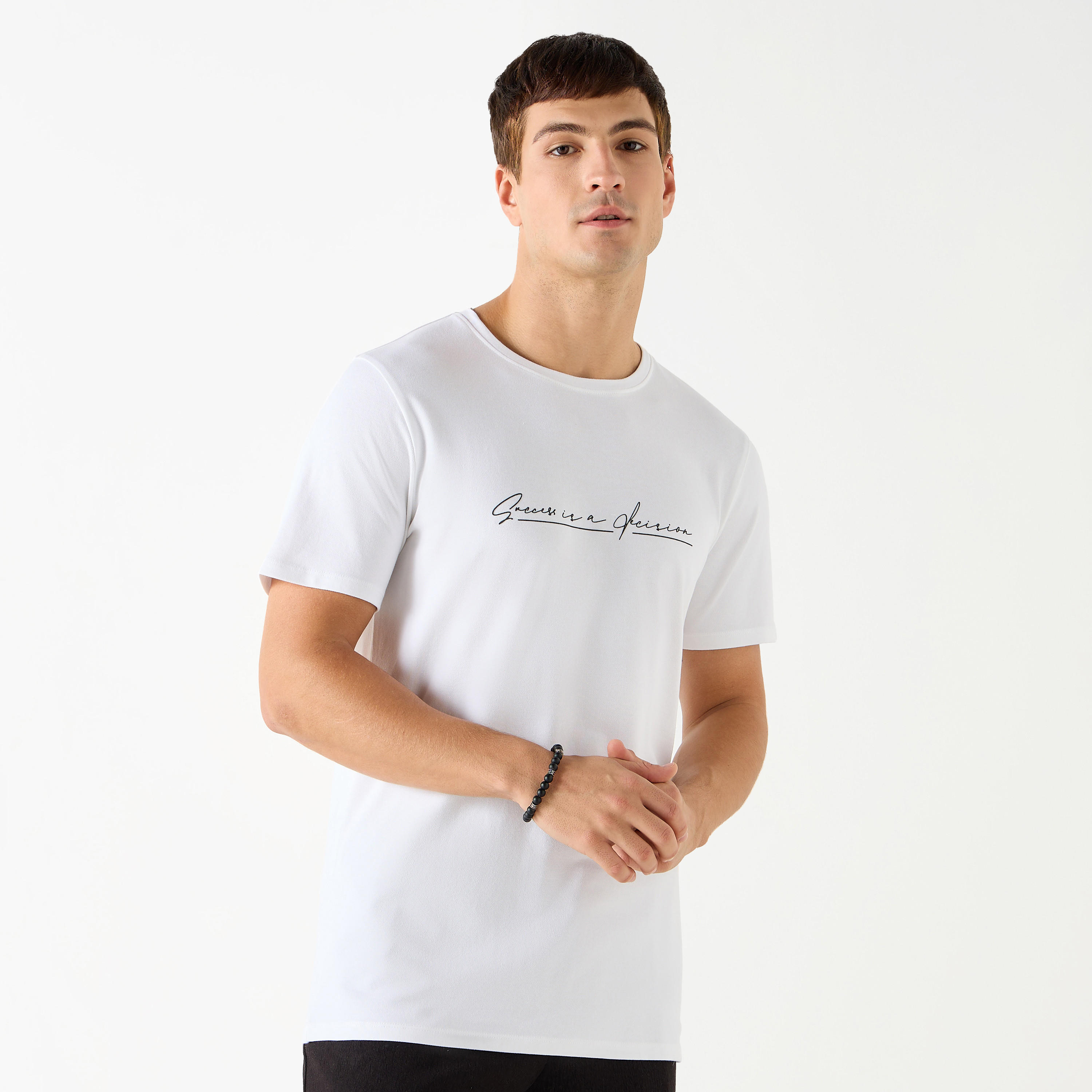 Shop Iconic Slogan Print Crew Neck T-shirt with Short Sleeves Online ...
