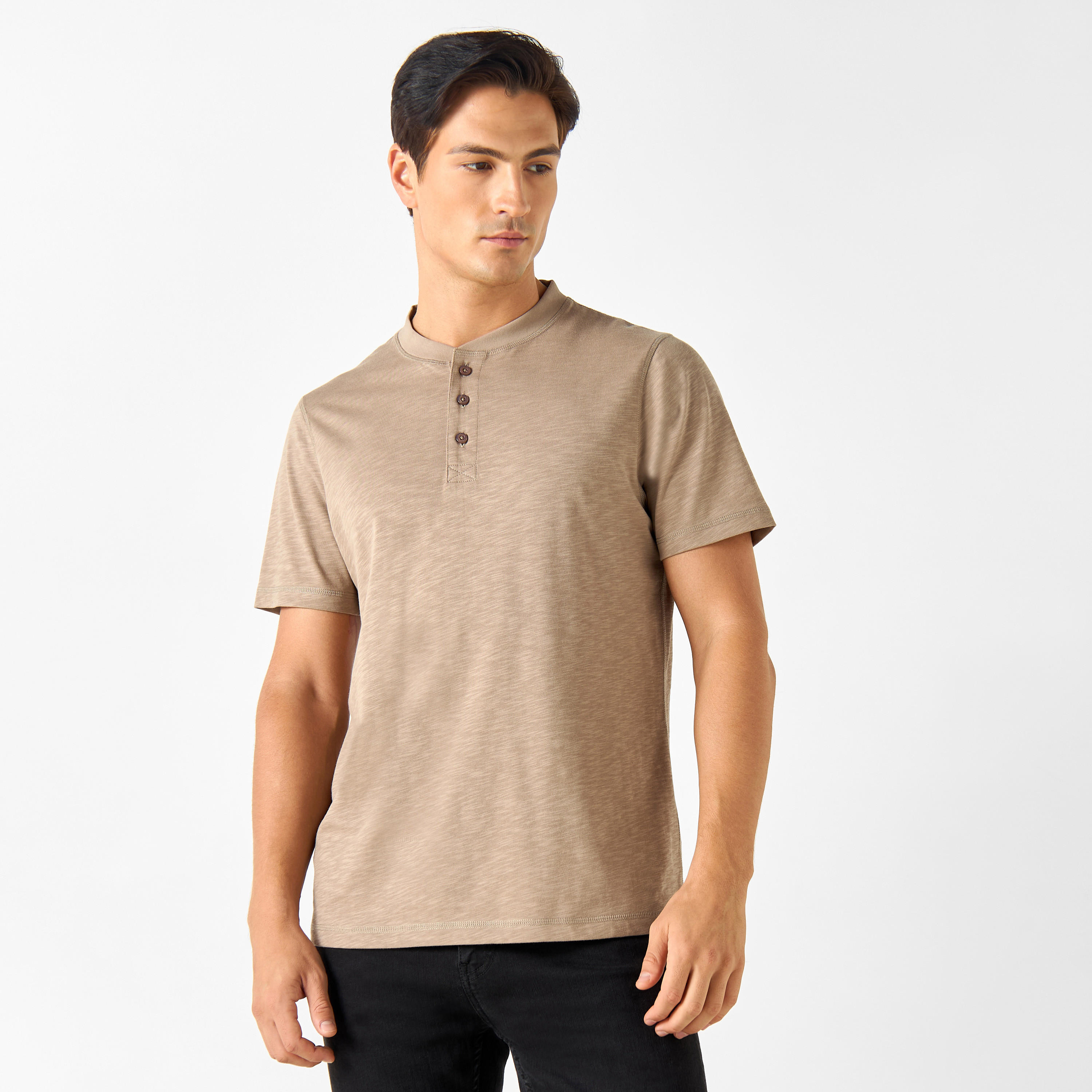 Shop Textured Henley Neck T-shirt with Short Sleeves Online | Splash UAE