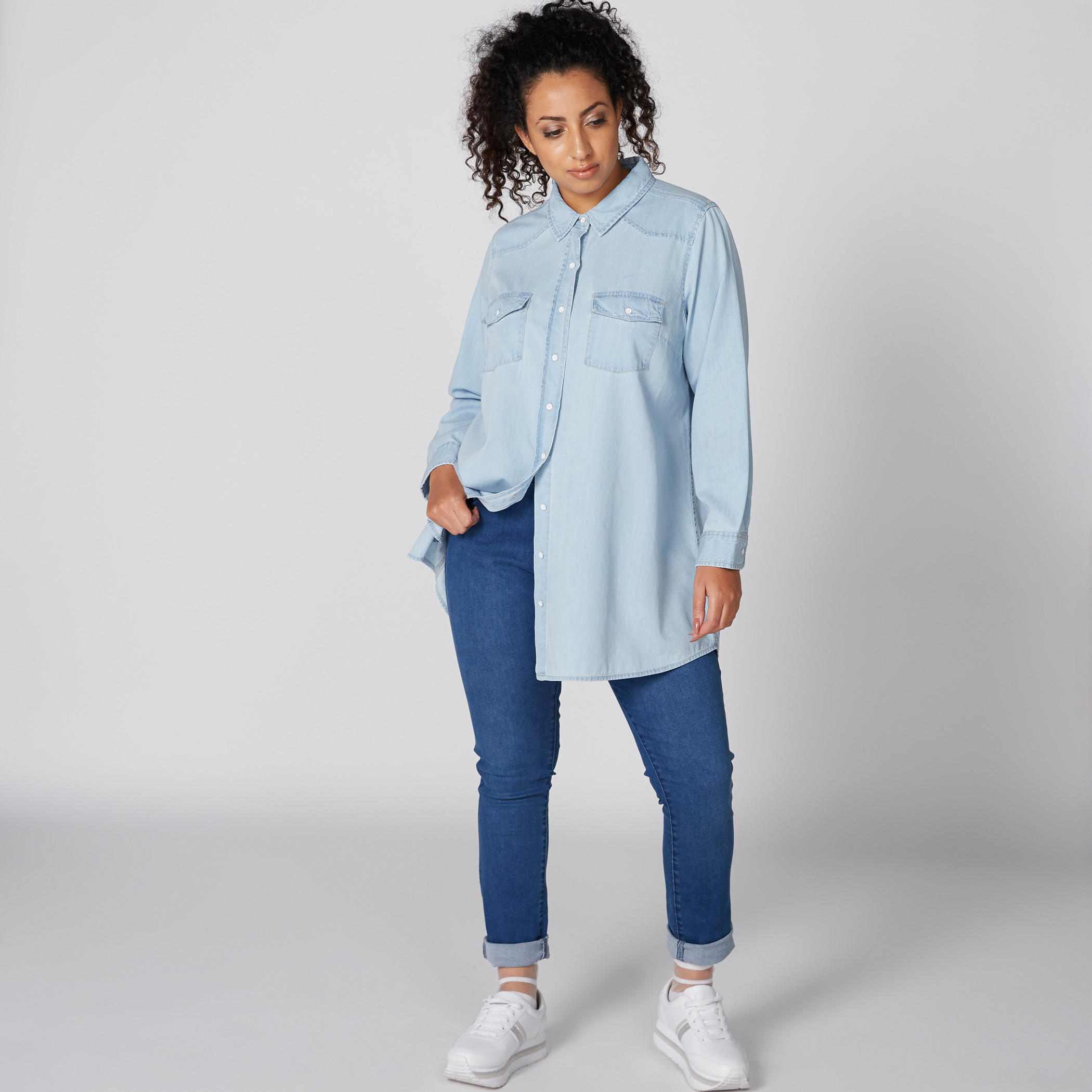Shop Longline Denim Shirt with Long Sleeves and Complete Placket Online ...