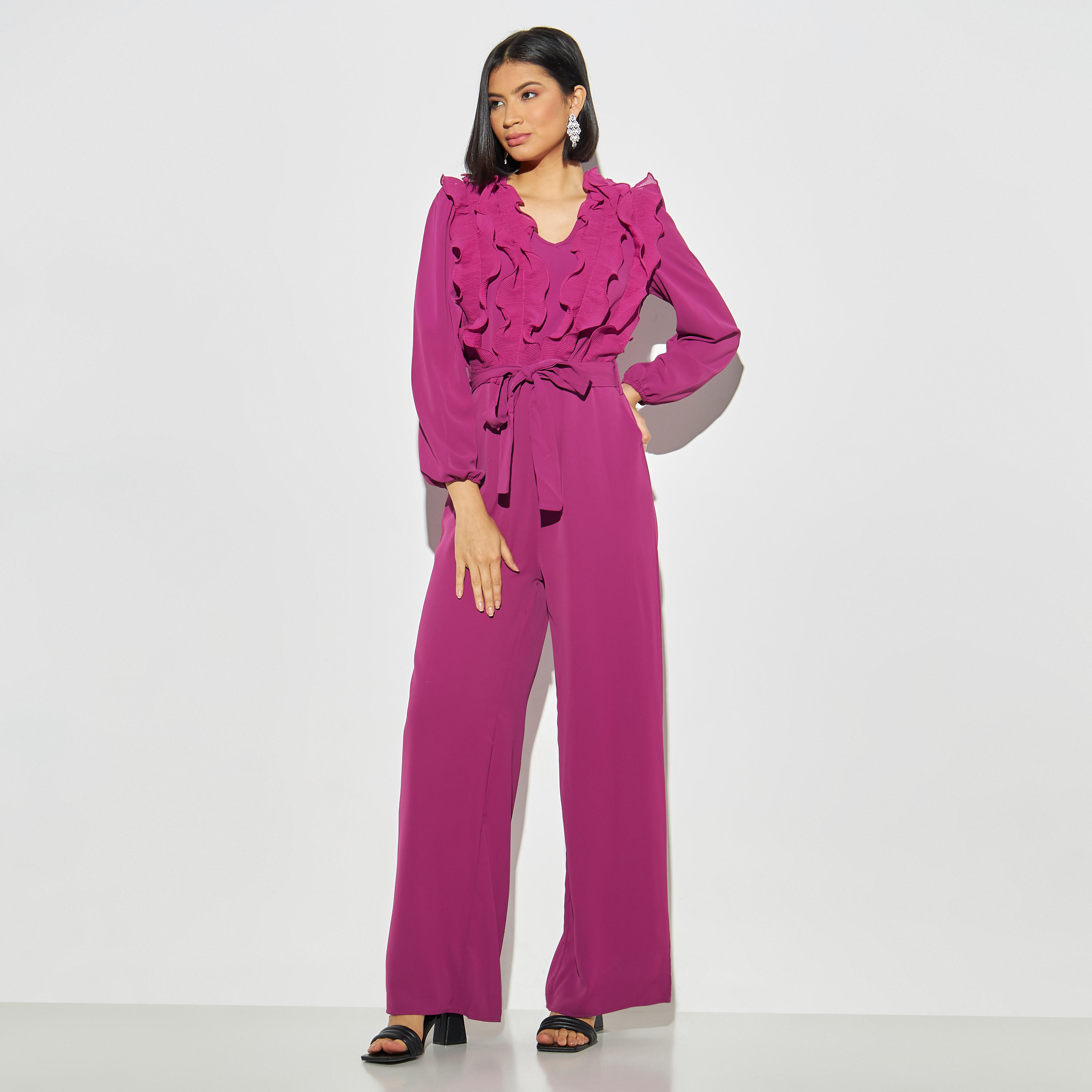 Shop 2Xtremz Ruffle Detail V-neck Jumpsuit with Tie-Up Belt Online ...